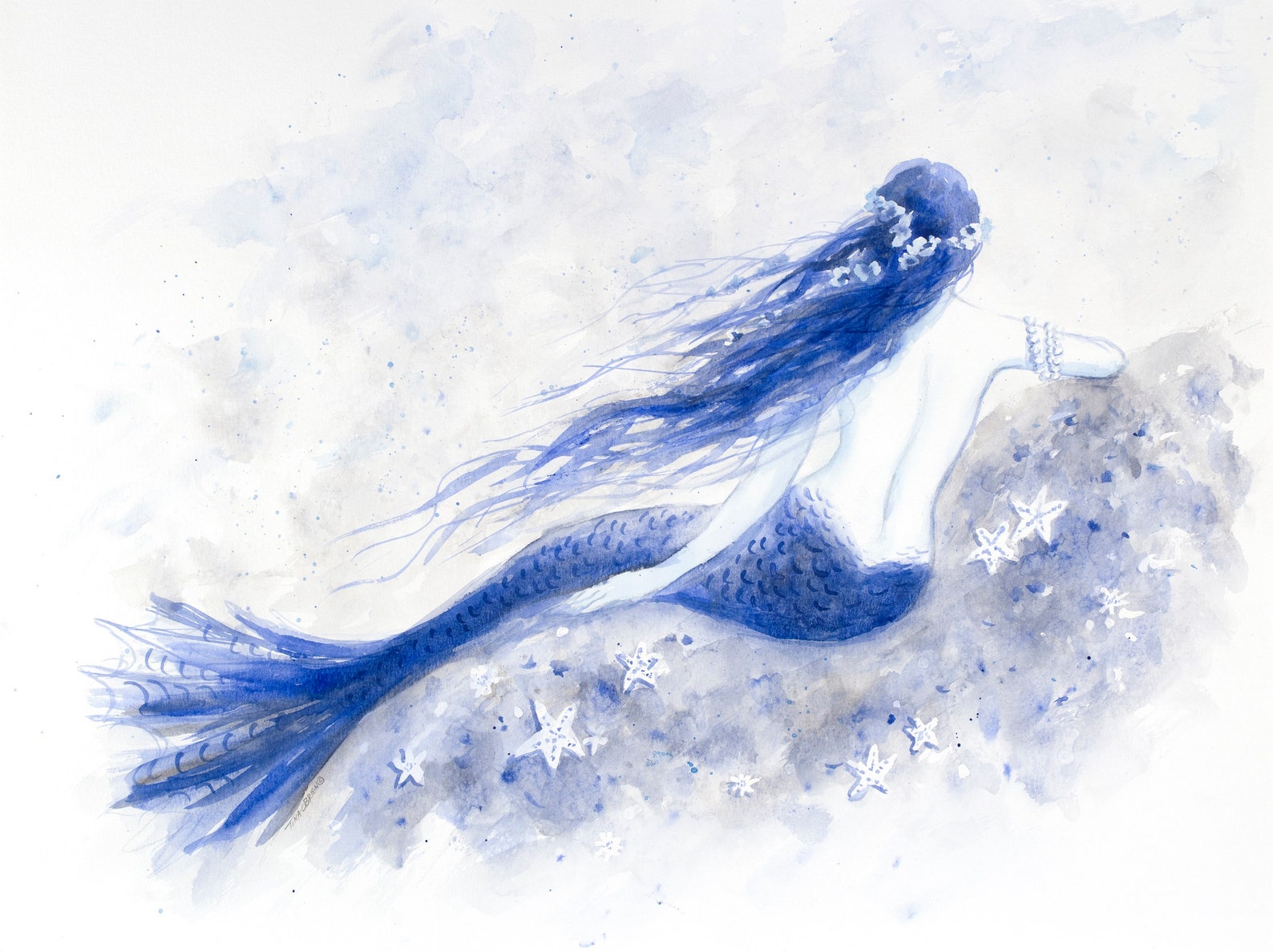 Blue Mermaid Waiting, 5x7 Greeting Card, Print From Original Watercolor ...