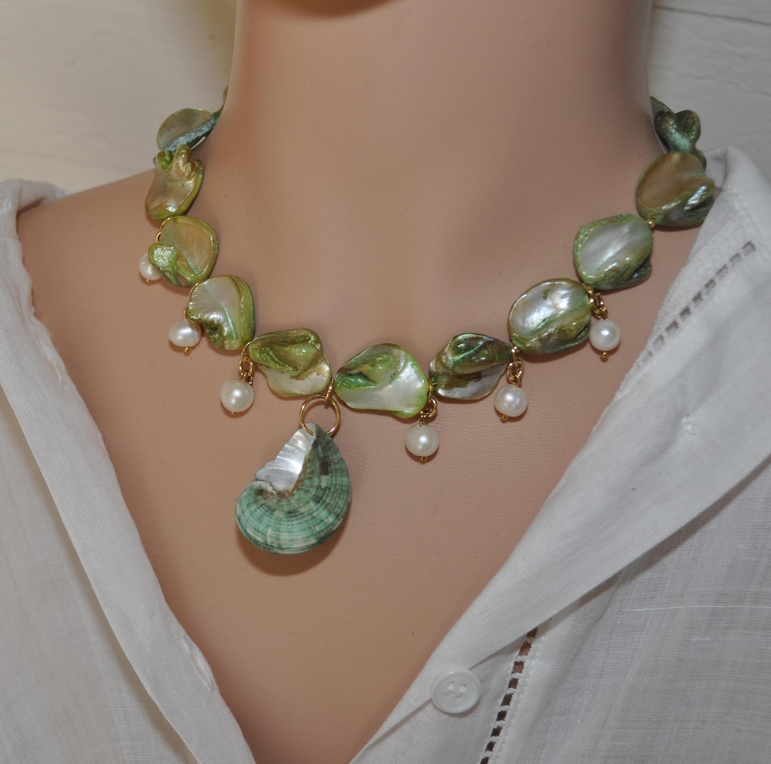Green Shell Mermaid Choker • Turbo Shell Pendant • Freshwater Pearls ...