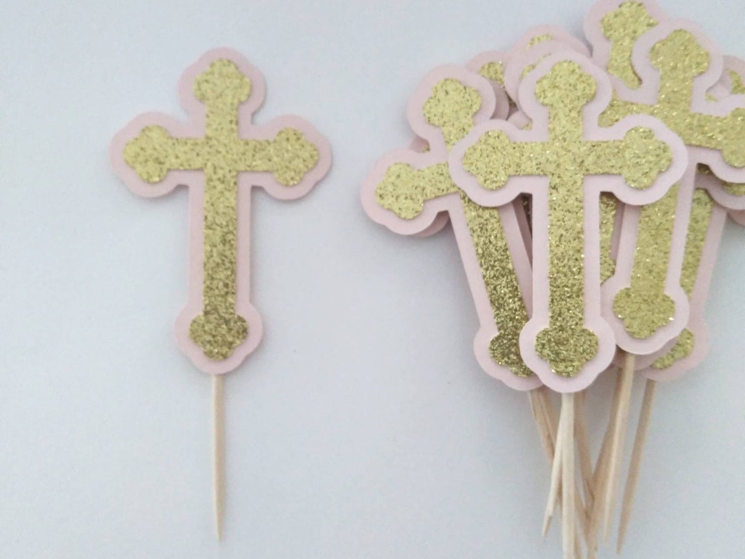 Gold Glitter and Pink Cross Cupcake Toppers - Etsy