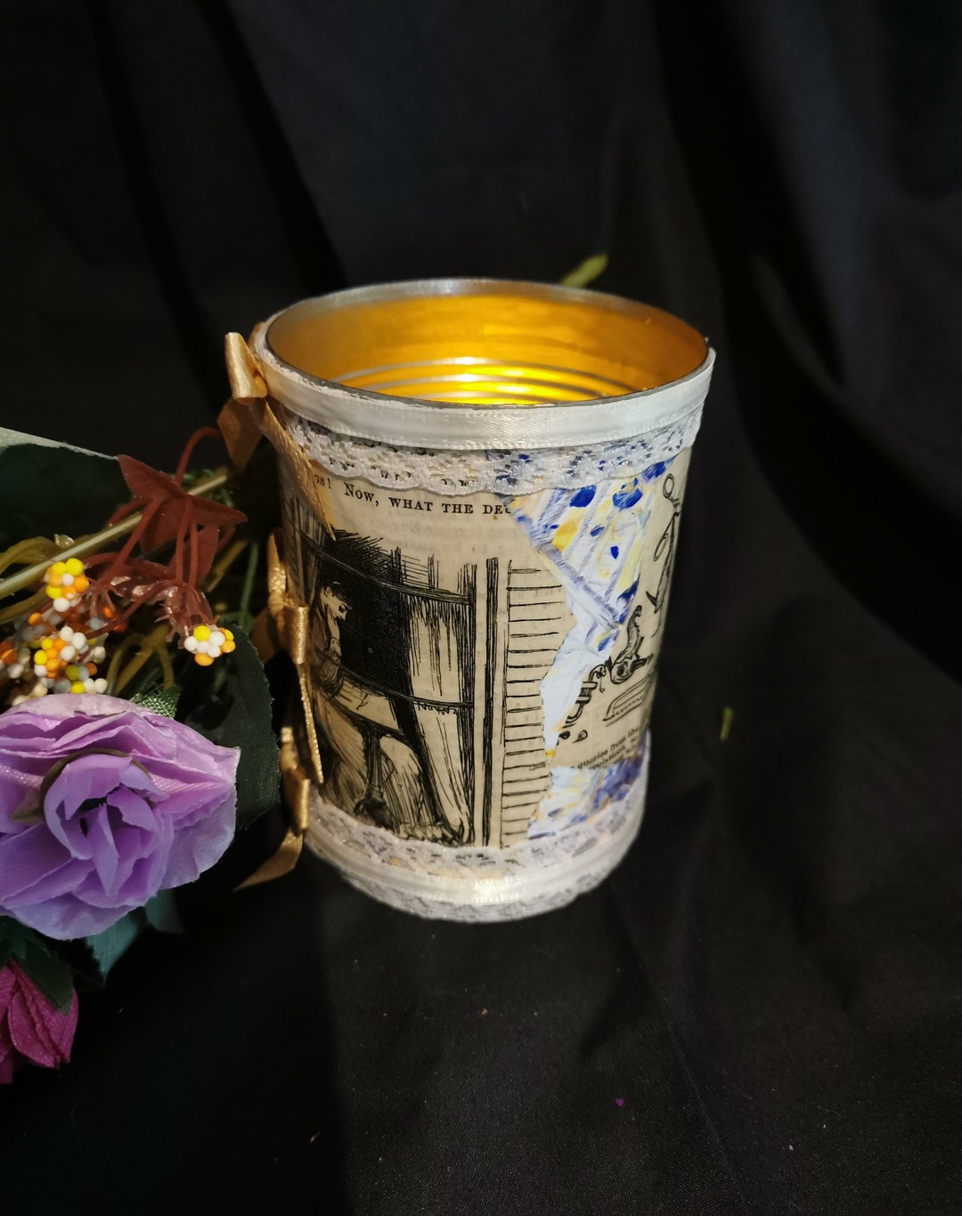 Decoupage Collage on Upcycled Tin Can. Night Light Vase With Recycled ...