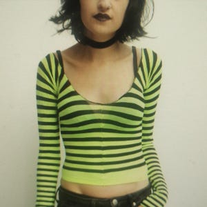1990's Goth Neon Lime Black Stripe Tight's TOP T-shirt, Witch, Grunge ...