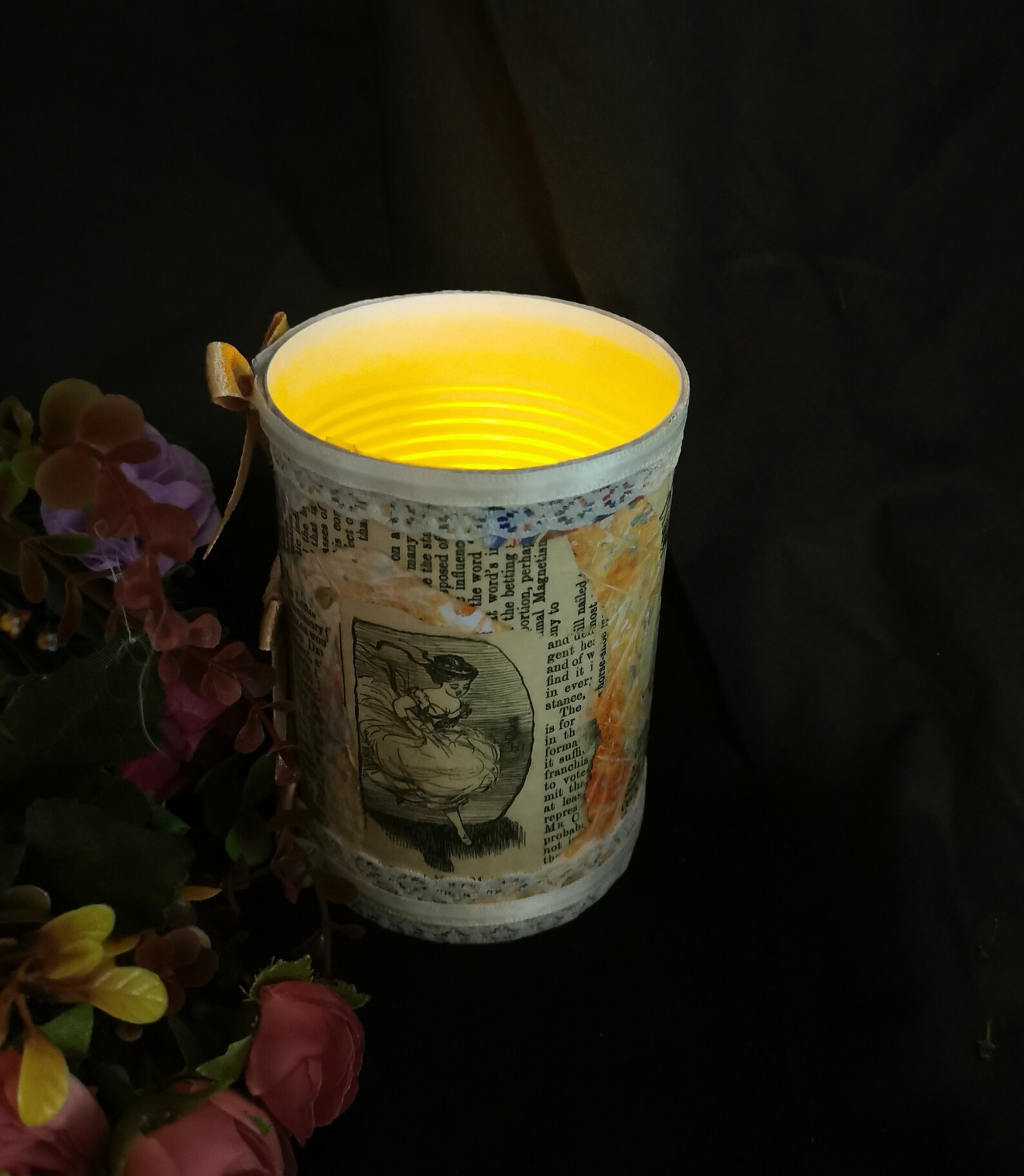 Decoupage Collage on Upcycled Tin Can. Night Light Vase With Recycled ...