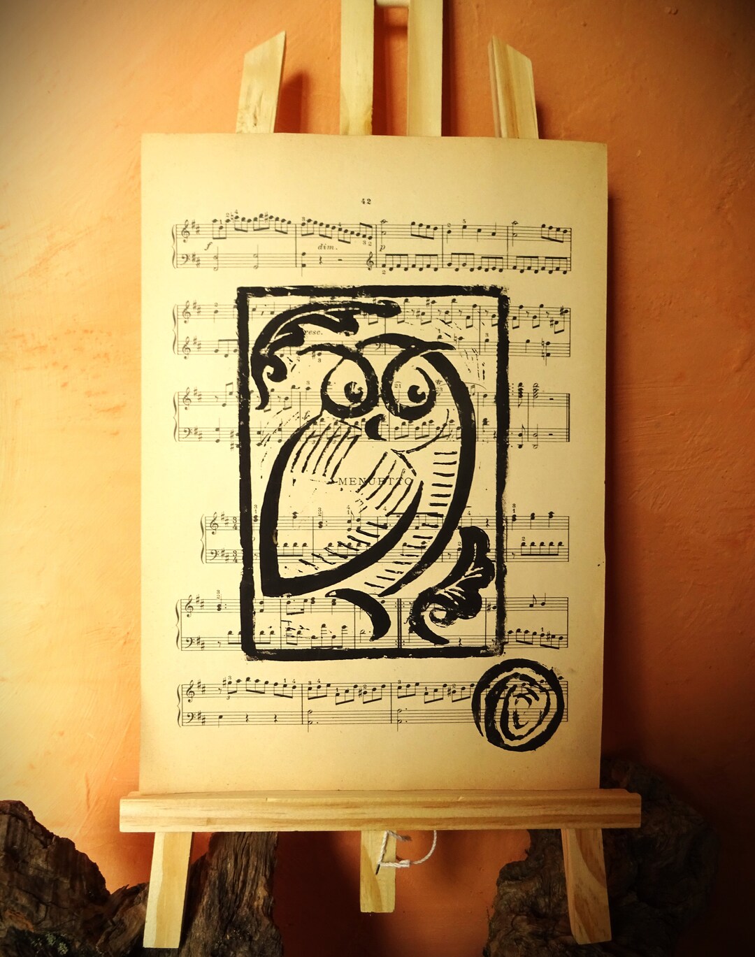 Owl Linocut on Sheet Music - Etsy