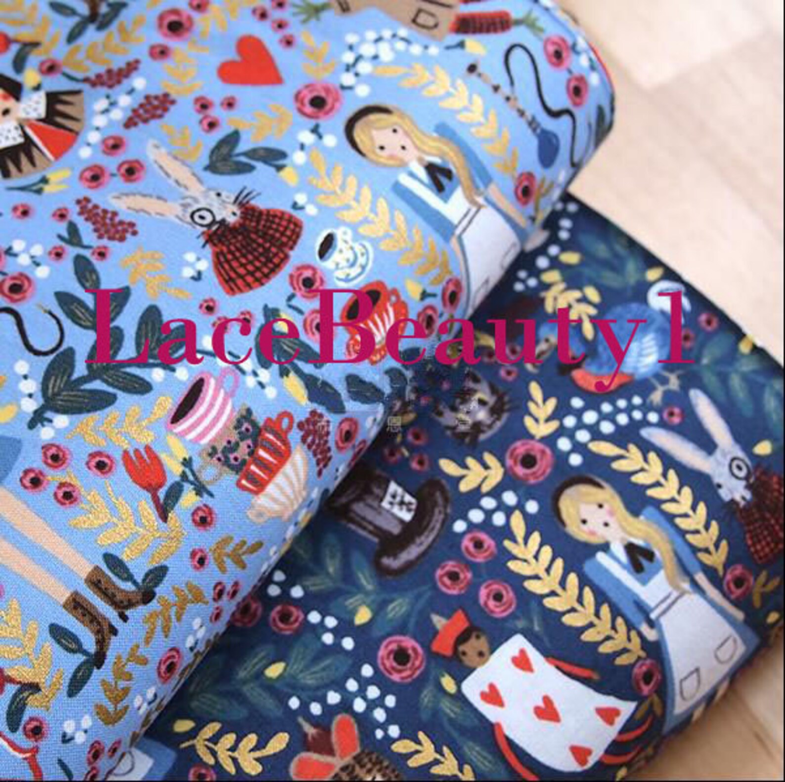 Alice in Wonderland Cotton Fabric,pure Cotton Fabric,sky Blue/dark Blue ...
