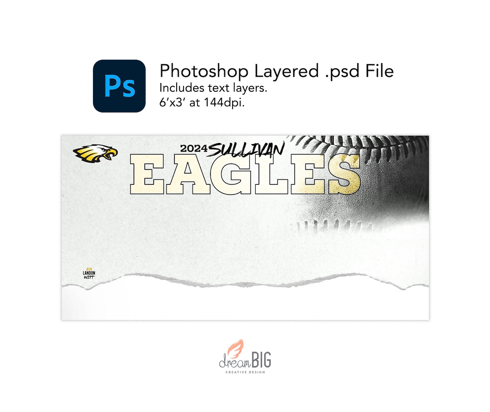 Rugged Baseball Banner Photoshop Template - Torn White Paper Background ...
