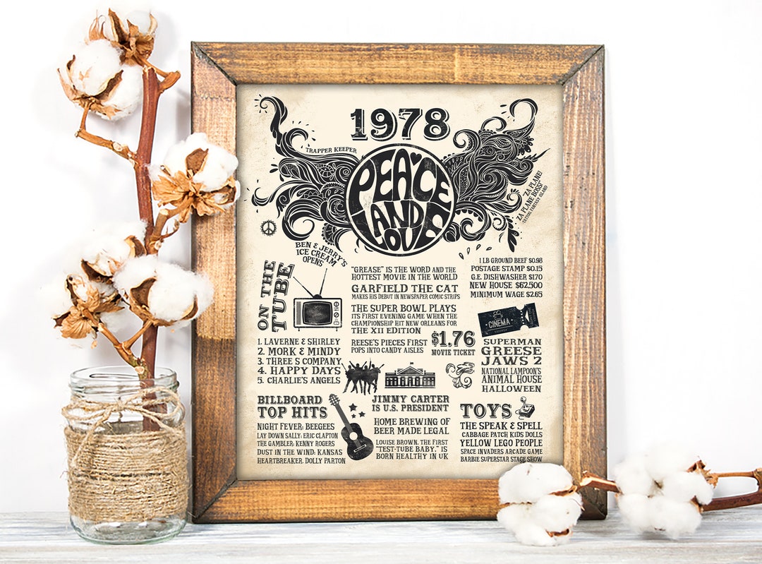 1978 Fun Facts Birthday Sign, Birthday Sign, Peace and Love, Hippie ...