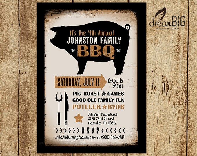 Pig Hog Roast BBQ Shower or Birthday Annual Party Invitations Invites ...