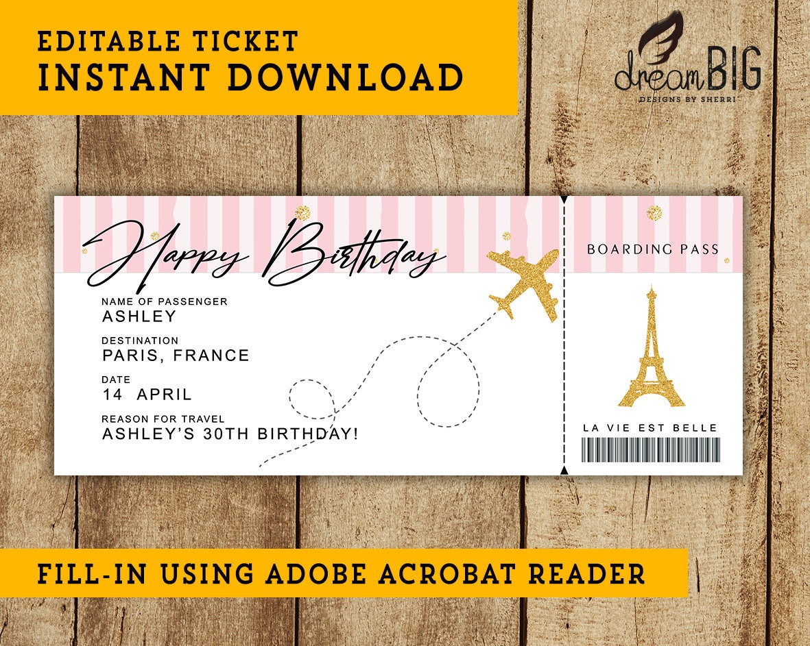 Birthday Paris Fake Plane Ticket Printable Boarding Pass - Etsy