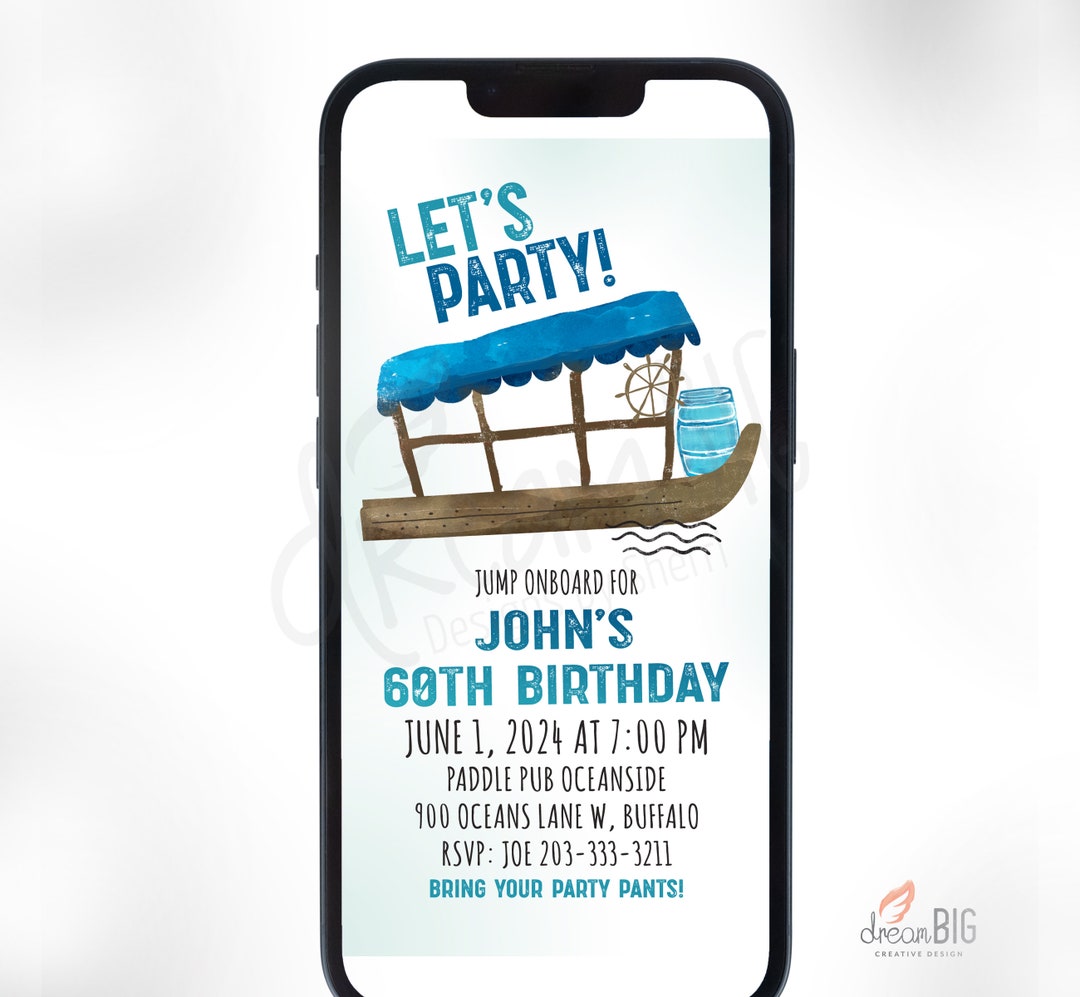 Paddle Pub Dude Digital Birthday Invitation - Tap Party Boat Invite ...