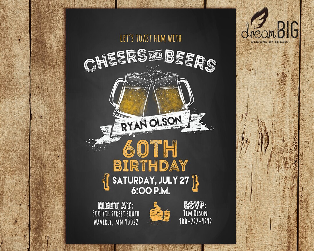 Men's Cheers and Beers Birthday Invitation, Funny Beer Drinkers Invite ...