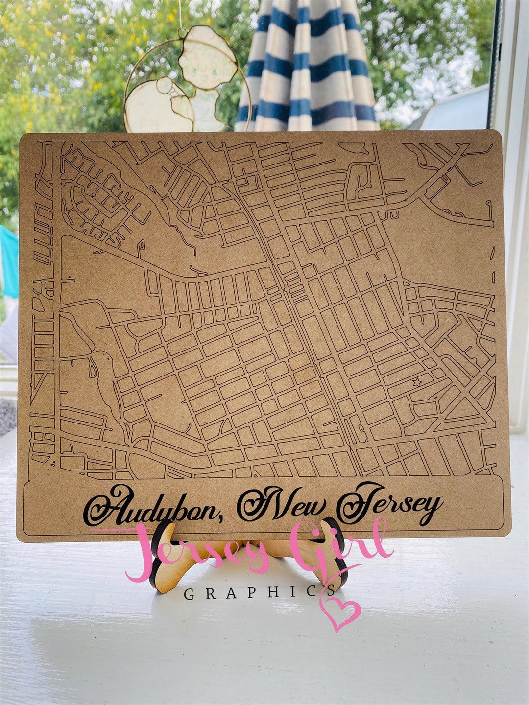 Wooden Engraved Hometown Map Sign With Stand Pride City State Road ...