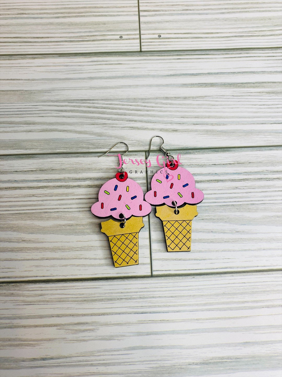 Ice Cream Wooden Dangle Earrings Gift Painted Dessert Treat Cone ...