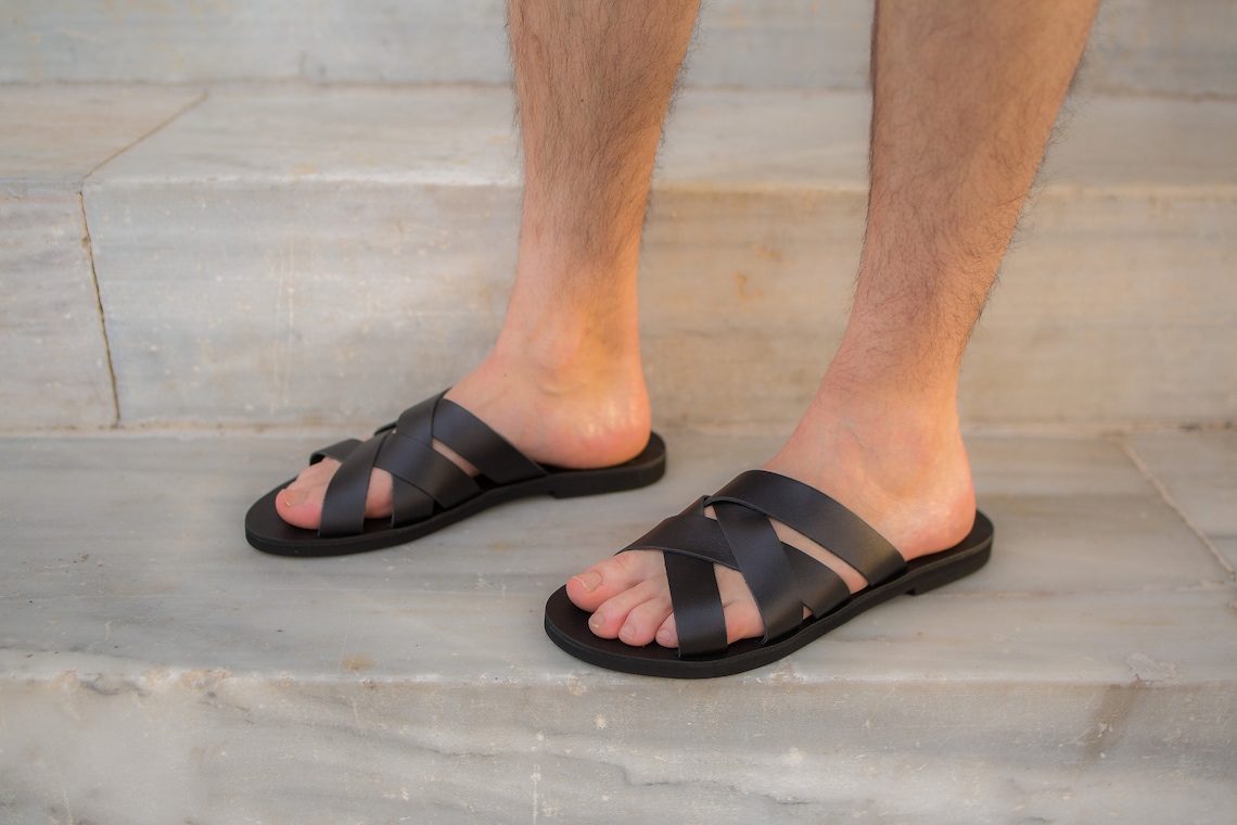 Black Men Sandals Men leather Sandals Men Slides Men | Etsy
