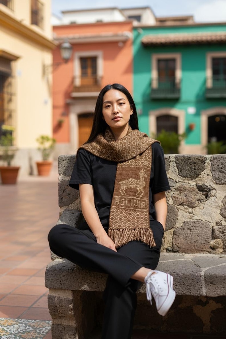 Handwoven Alpaca Wool Scarf: Brown Llama Design - Bolivian Boho - Etsy