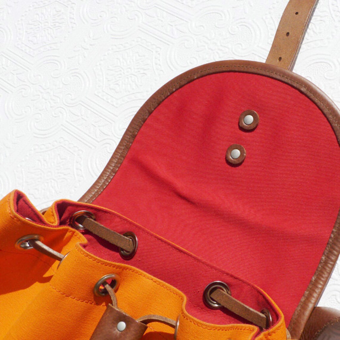 Heavyweight Orange Canvas & Leather Backpack / Rucksack / Day Pack ...