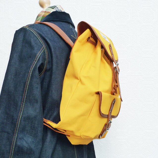 Heavyweight Yellow Canvas & Leather Backpack / Rucksack / Day Pack ...