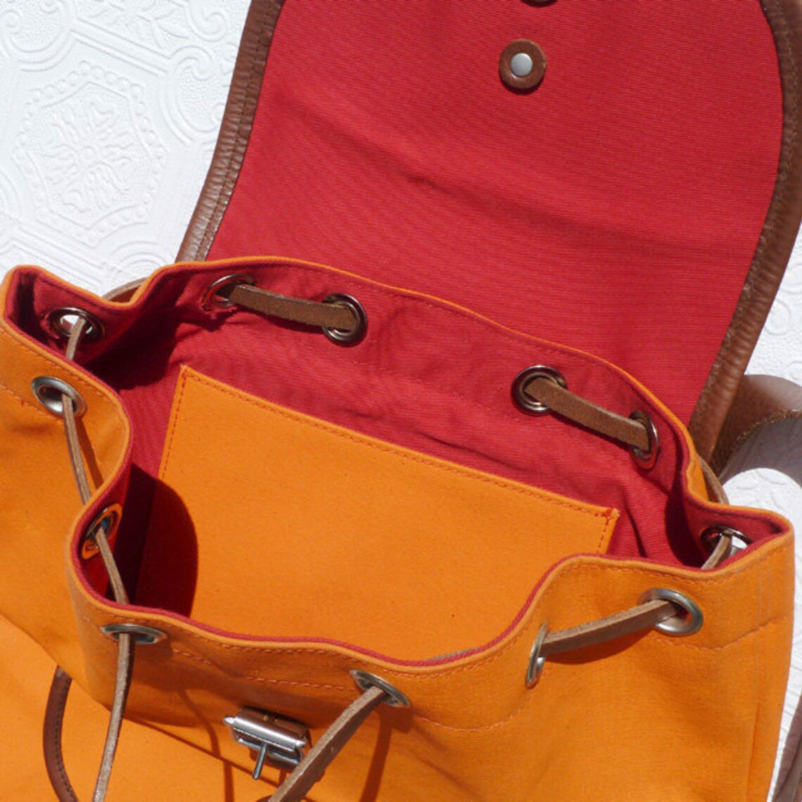 Heavyweight Orange Canvas & Leather Backpack / Rucksack / Day Pack ...
