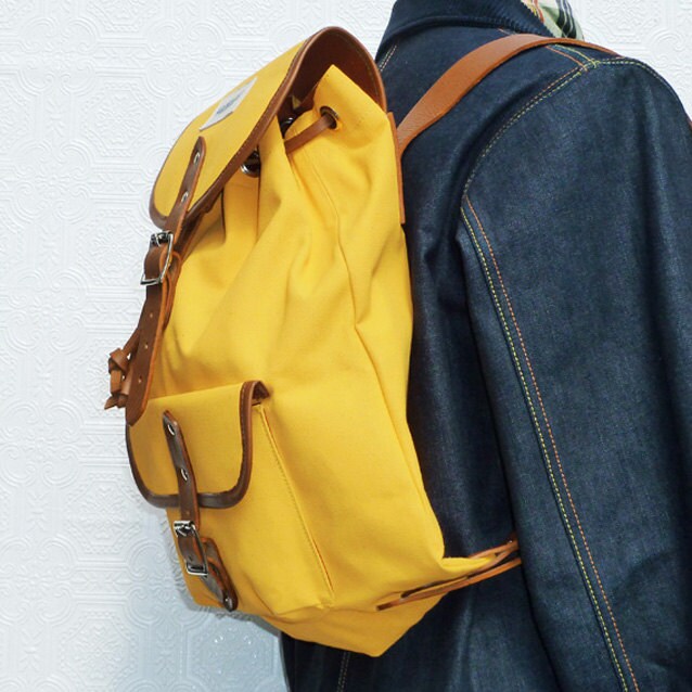 Heavyweight Yellow Canvas & Leather Backpack / Rucksack / Day Pack ...
