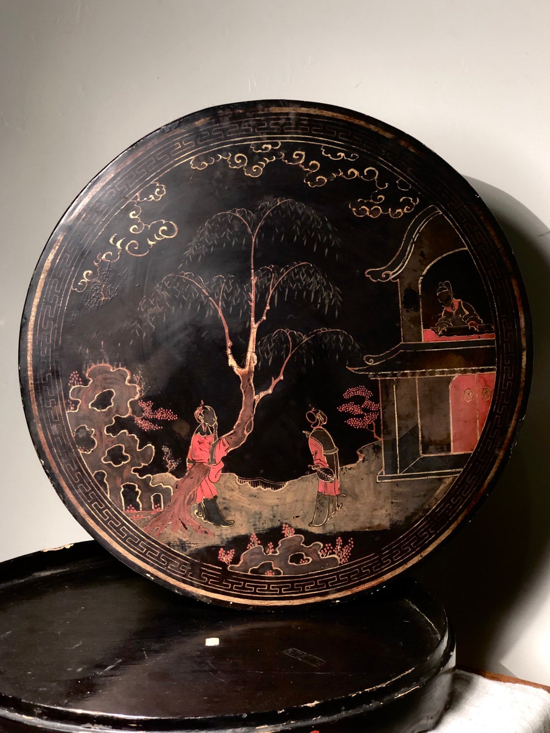 Antique Large Black Lacquer Box. Landscape, Figures, Butterflies and ...