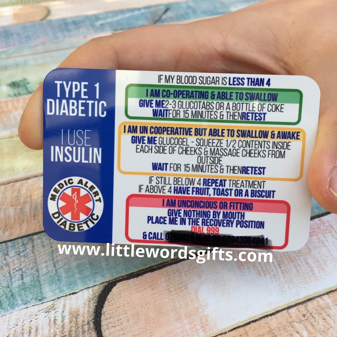 Personalised MEDICAL ALERT Card for T1 Diabetes, Wallet Insert Card for ...