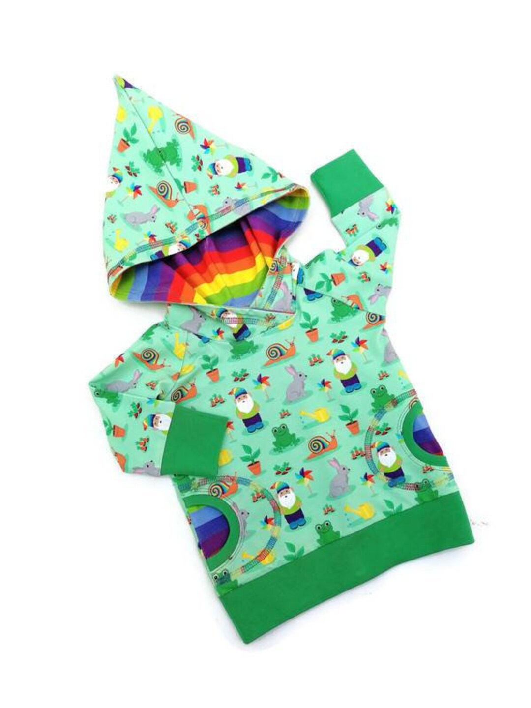 Organic Kids Pixie Hoodie, in the Garden With Gnomes, Frogs and Rainbow ...