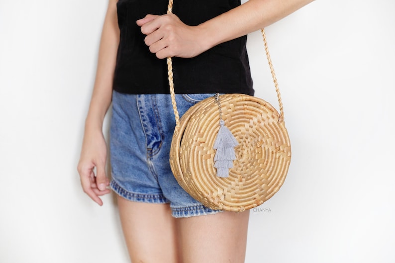 Round Straw Bag With Tasselribbon Round Bag Boho Shoulder Bag - Etsy