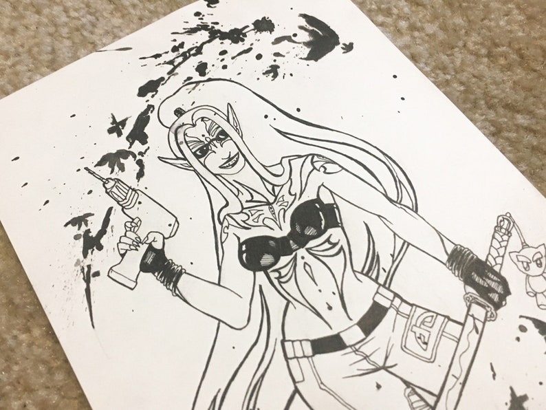 Original Ink Drawing Tattooed Female Elf Shadowrun Street Samurai With ...
