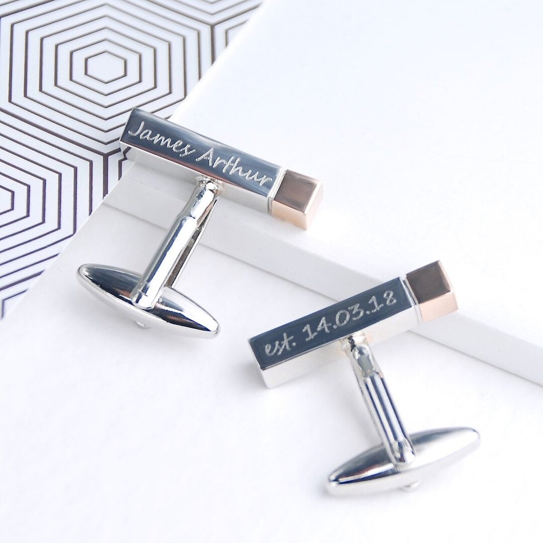 Personalised New Daddy Bar Cufflinks, New Dad Cuff Links, Engraved Silver and Rose Gold Cuboid ...