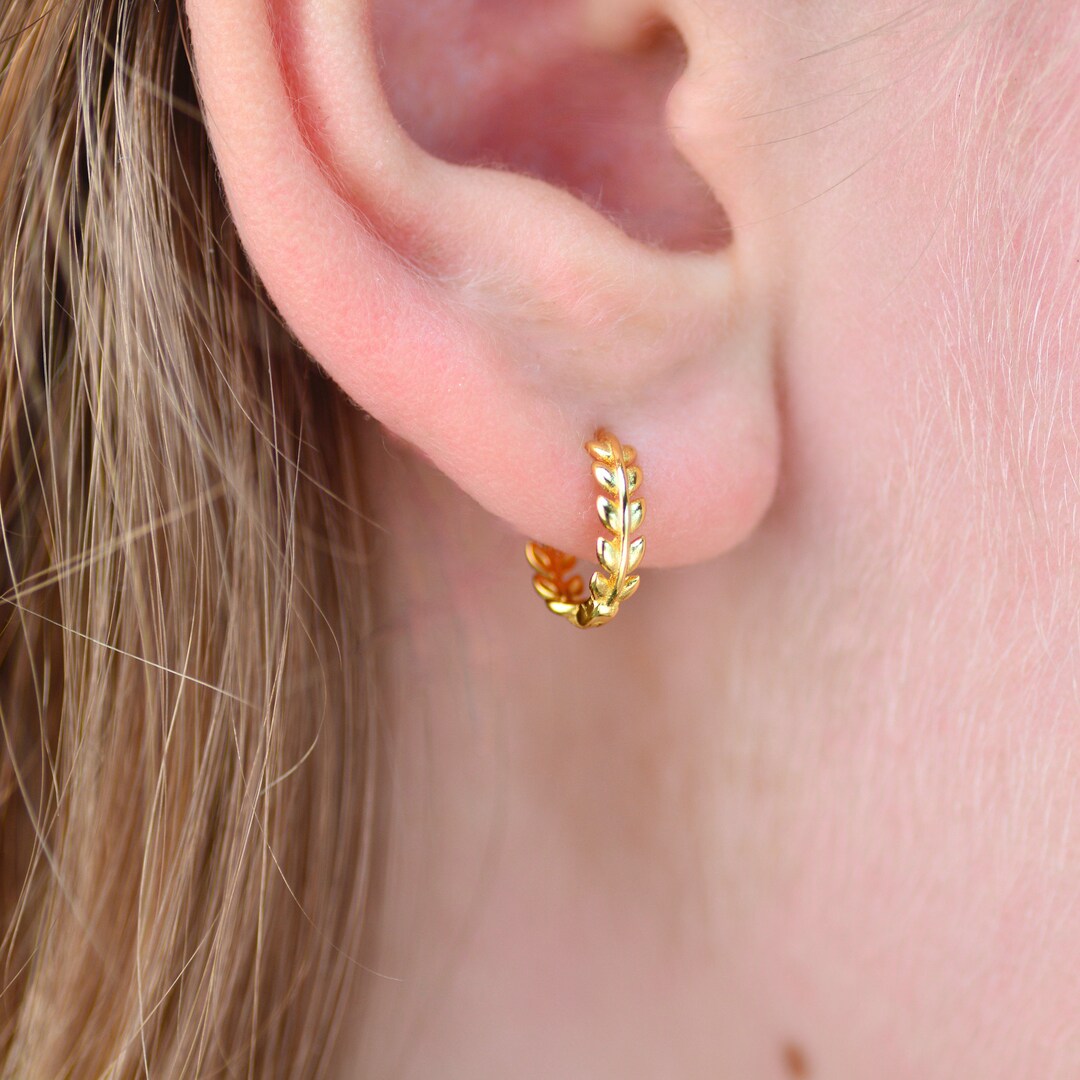 Mini Gold Leaf Huggie Hoop Earrings, Gold Leaf Earrings, Tiny Gold Leaf ...