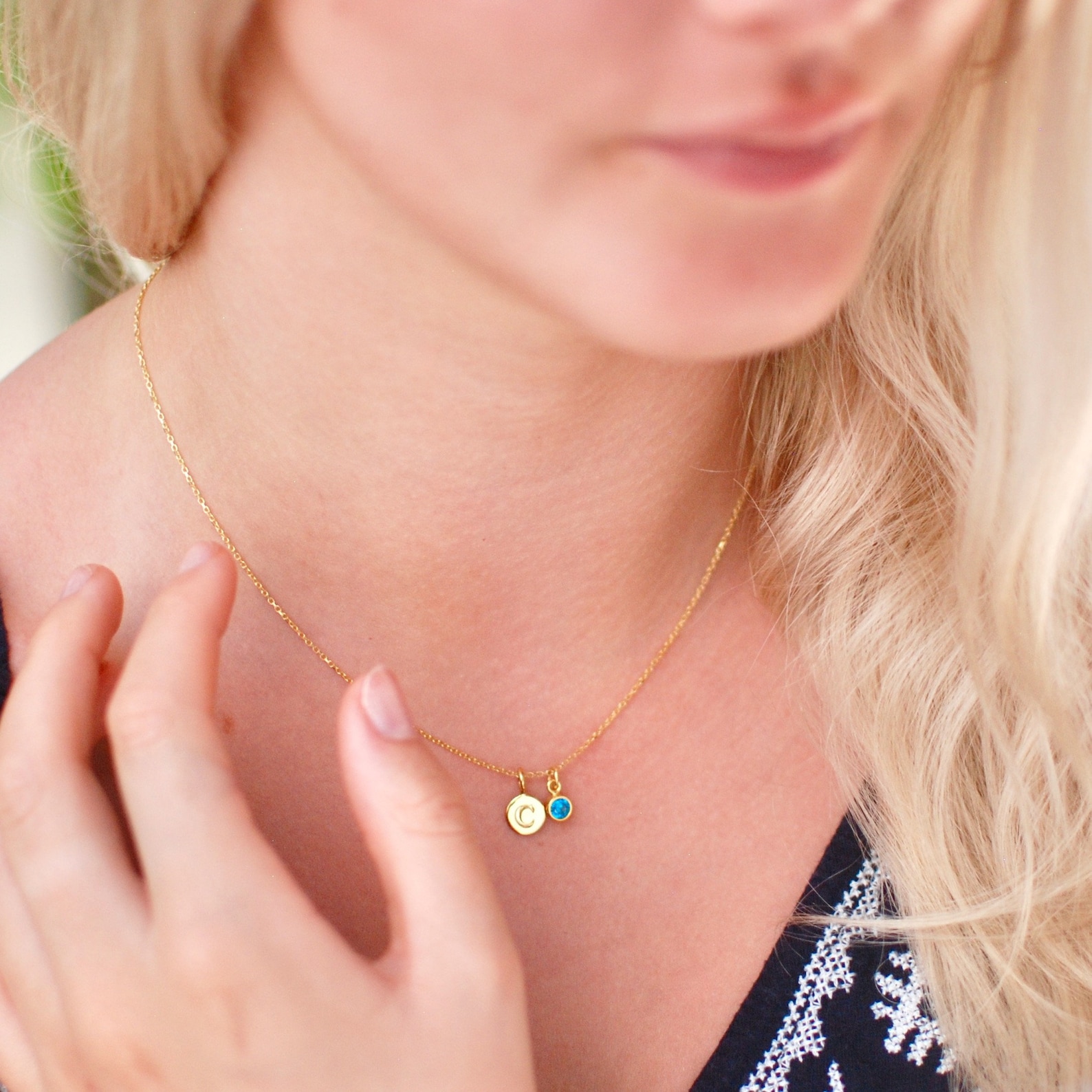 Custom Gold Initial Birthstone Necklace, Mini Gold Letter Charm 16 ...