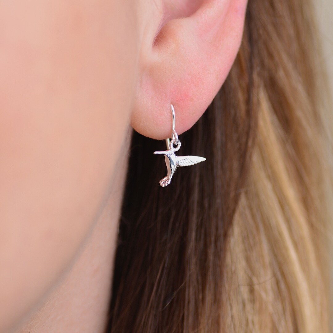 Sterling Silver Mini Hummingbird Drop Earrings, Silver Flying Humming ...