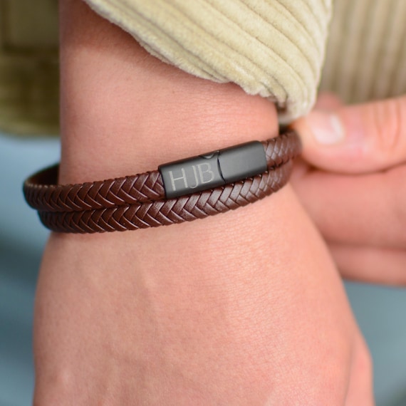 Personalised Men s Leather Double Wrap Bracelet Man Recycled Leather Plait Bracelet With Matt Black Clasp Brown Leather Plait Bracelet Etsy