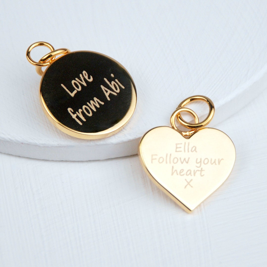 Personalised Gold Heart Disc, Engraved Charm, Bag Charm, Message Disc ...