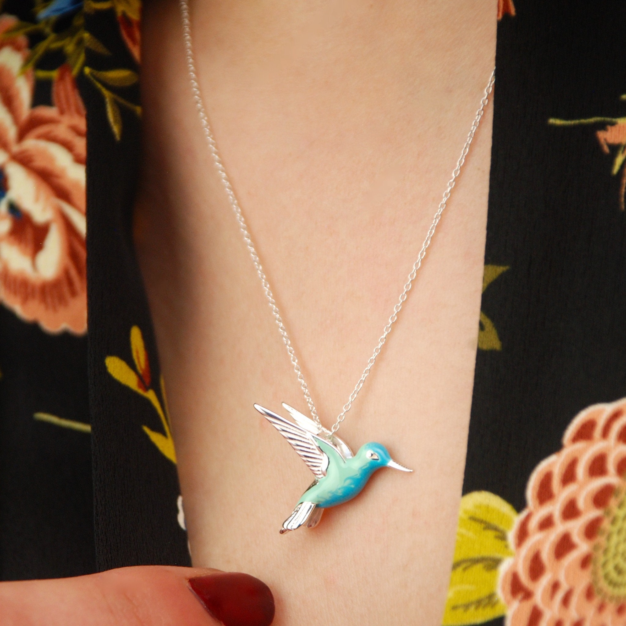 Sterling Silver and Enamel Hummingbird Necklace, Personalized Pendant ...
