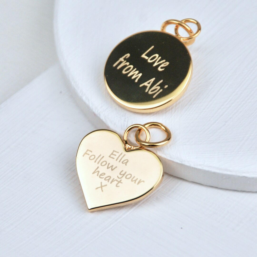 Personalised Gold Heart Disc, Engraved Charm, Bag Charm, Message Disc ...