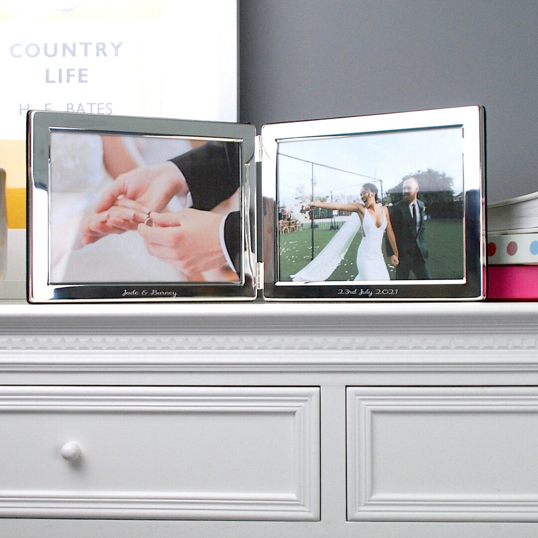 Personalised Silver Plated Double Photo Frame,engraved Landscape 7 X 5 ...