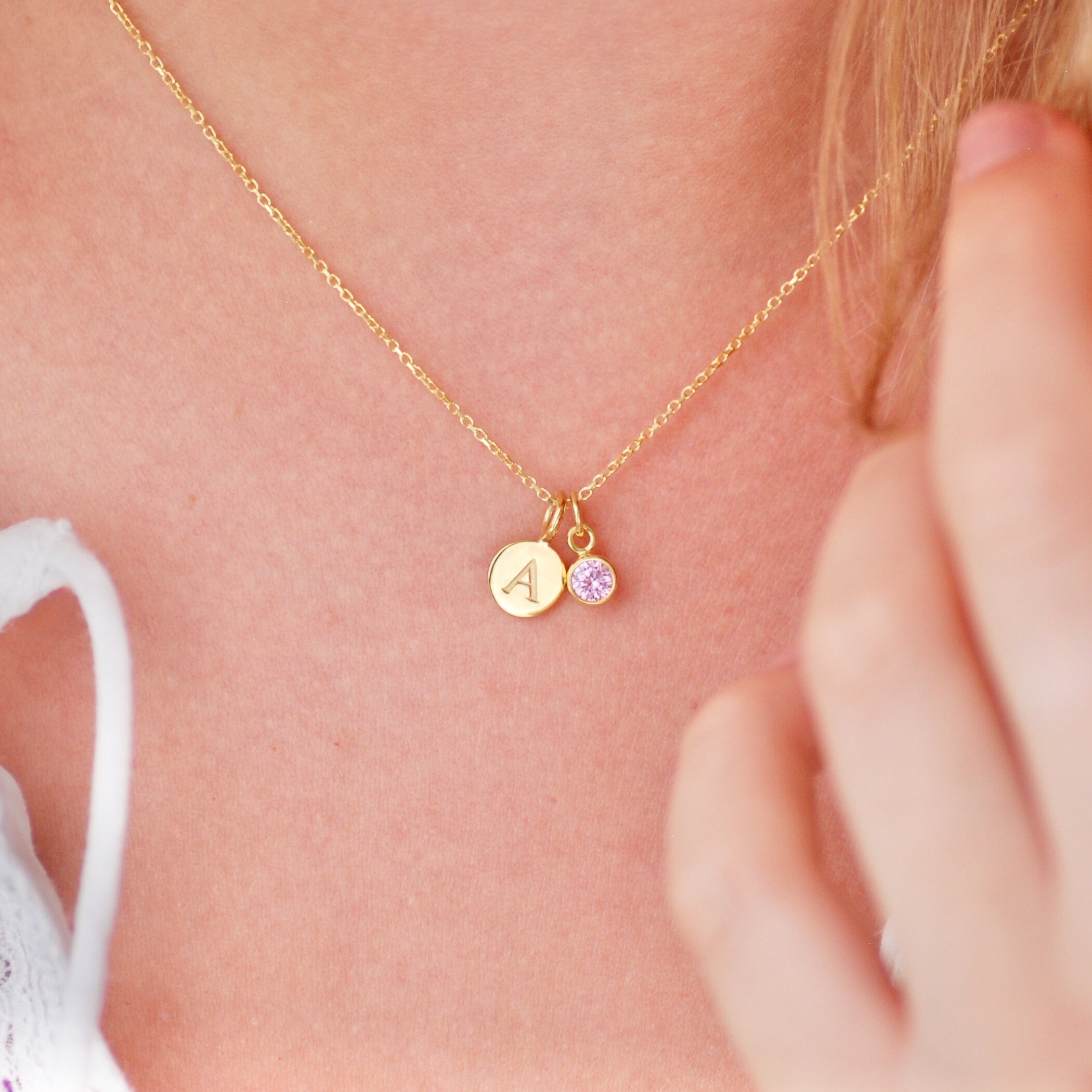 Custom Gold Initial Birthstone Necklace, Mini Gold Letter Charm 16 ...