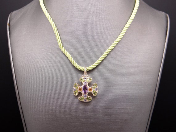14k Yellow Gold Multi Gemstone Cross Natural Amethyst… - Gem