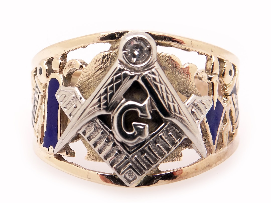 Mens 10k Yellow White Gold Masonic Enamel Natural Diamond Ring Size 8. ...