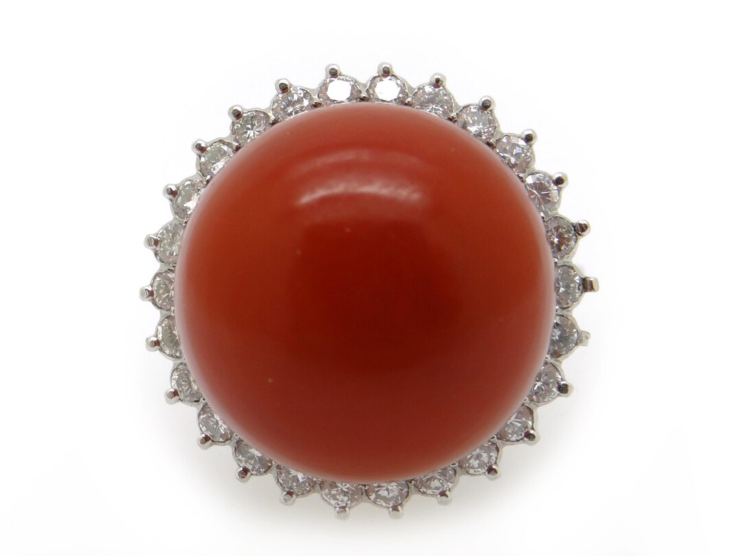 Retro 18k White Gold Coral Ring: Diamond Halo, Size 8 - Etsy