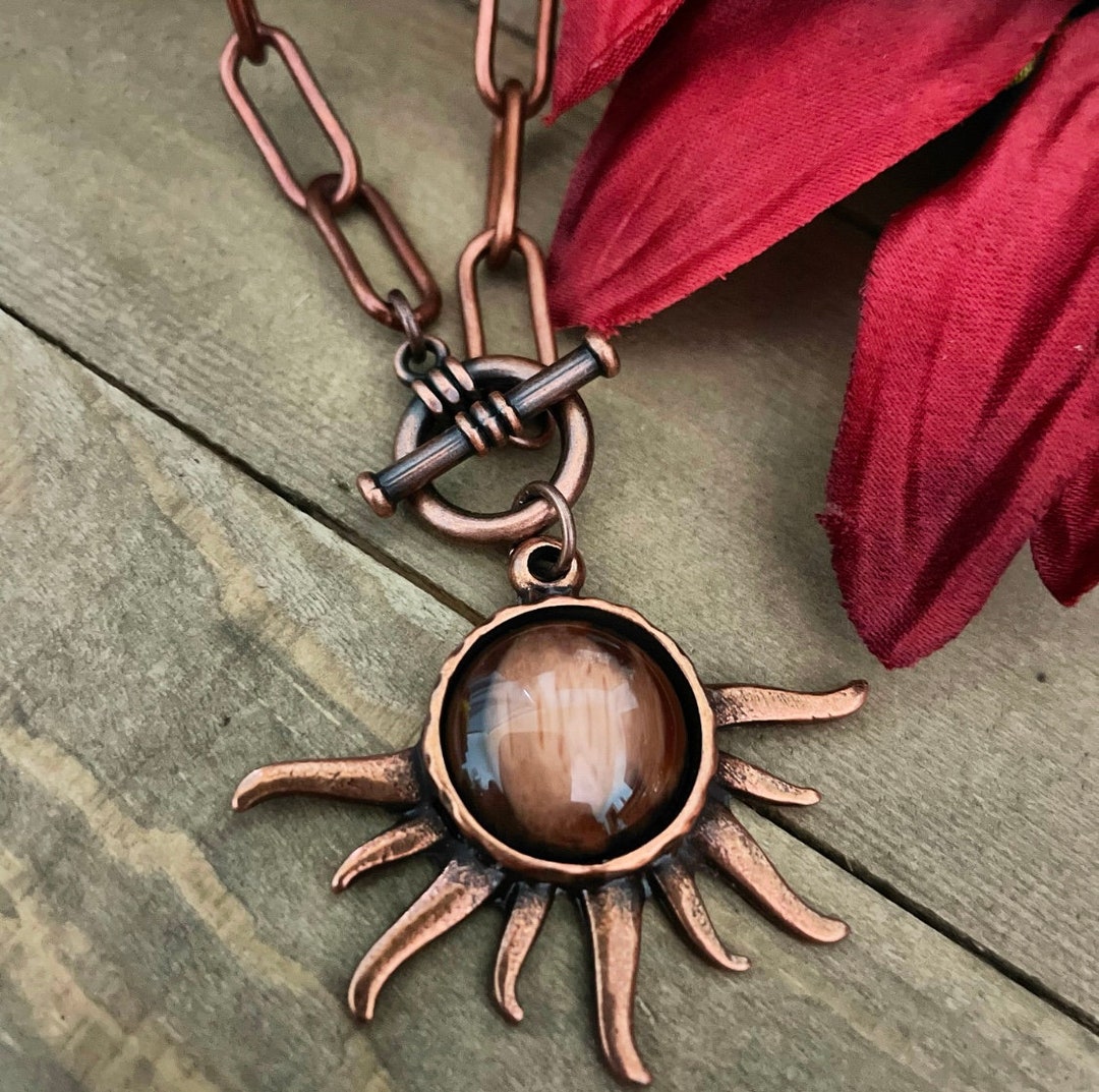 Paperclip Chain Necklace/sun Necklace/antique Copper Sun Necklace/red ...