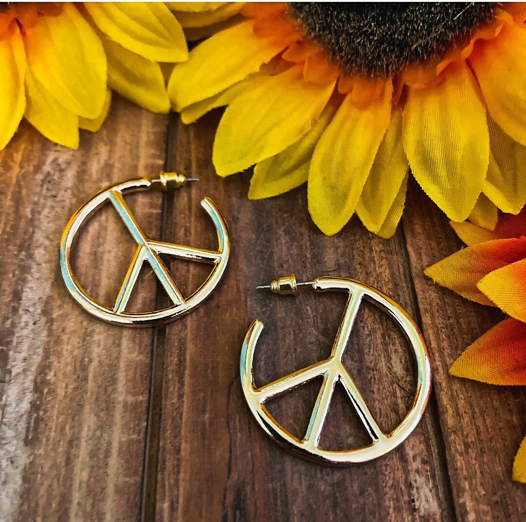 Peace Sign Earrings/ Gold Hoop Peace Sign Earrings/gold Peace Sign ...