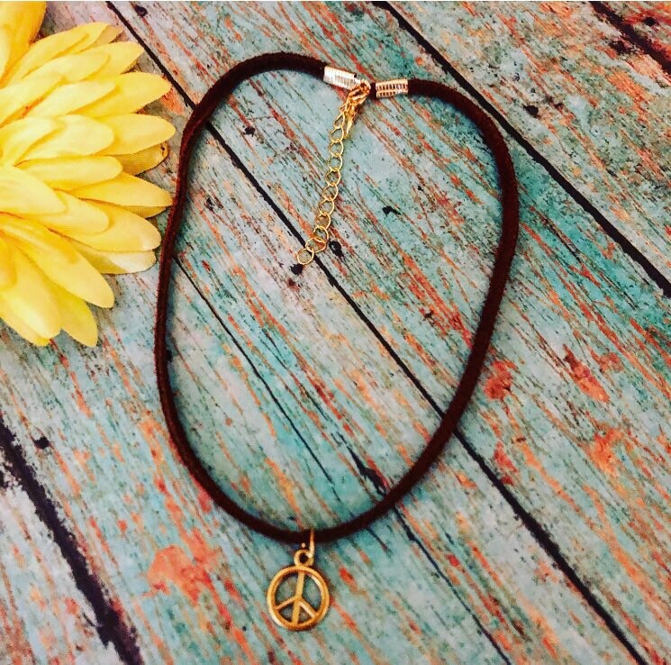Peace Sign Choker: Brown Vegan Suede Boho Necklace - Etsy