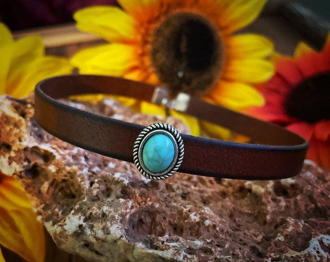 Turquoise LEATHER CHOKER/ Turquoise Bead Leather Choker/ Leather ...