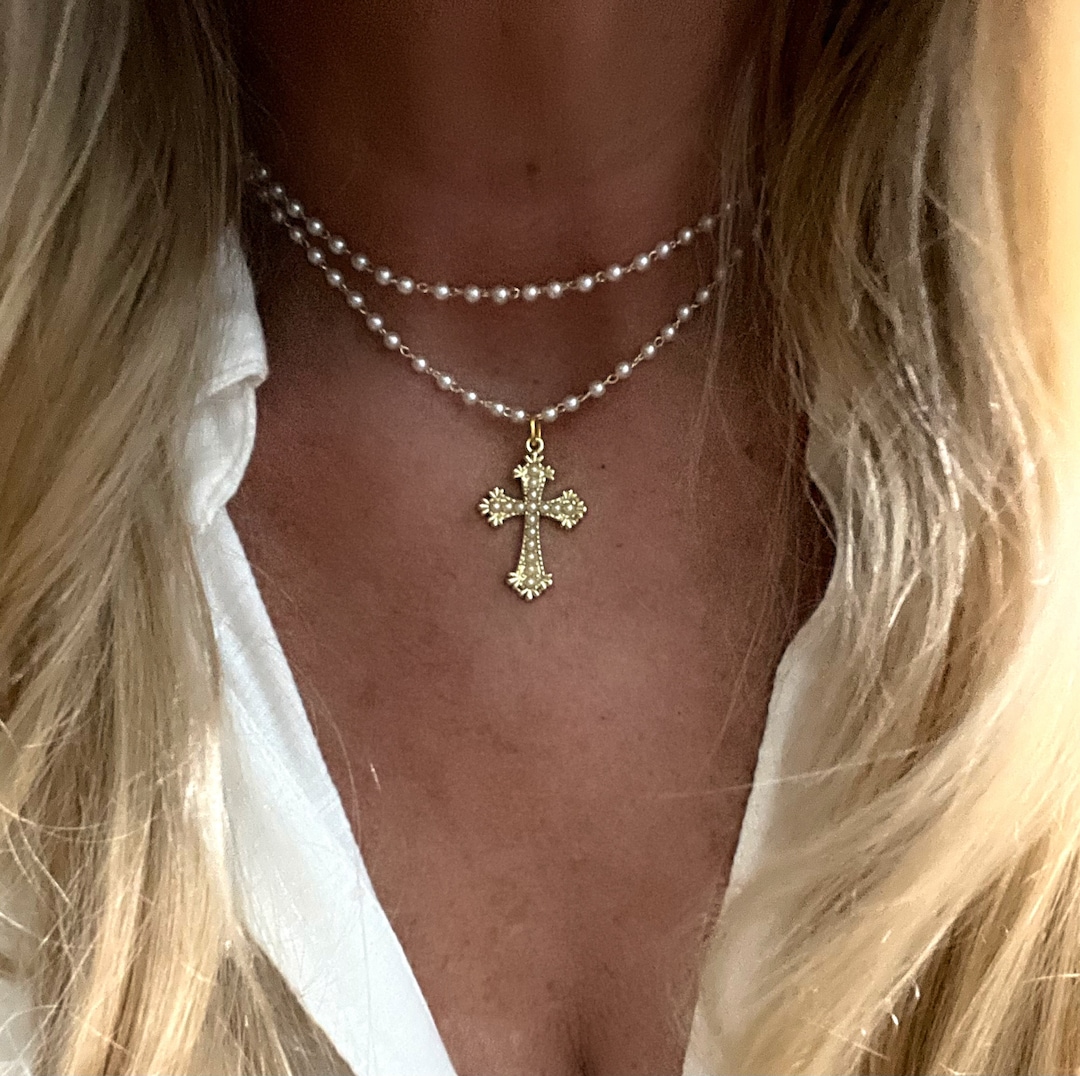 Cross Rosary Necklace/cross Necklace/tiny Pearl Necklace/layered Cross ...