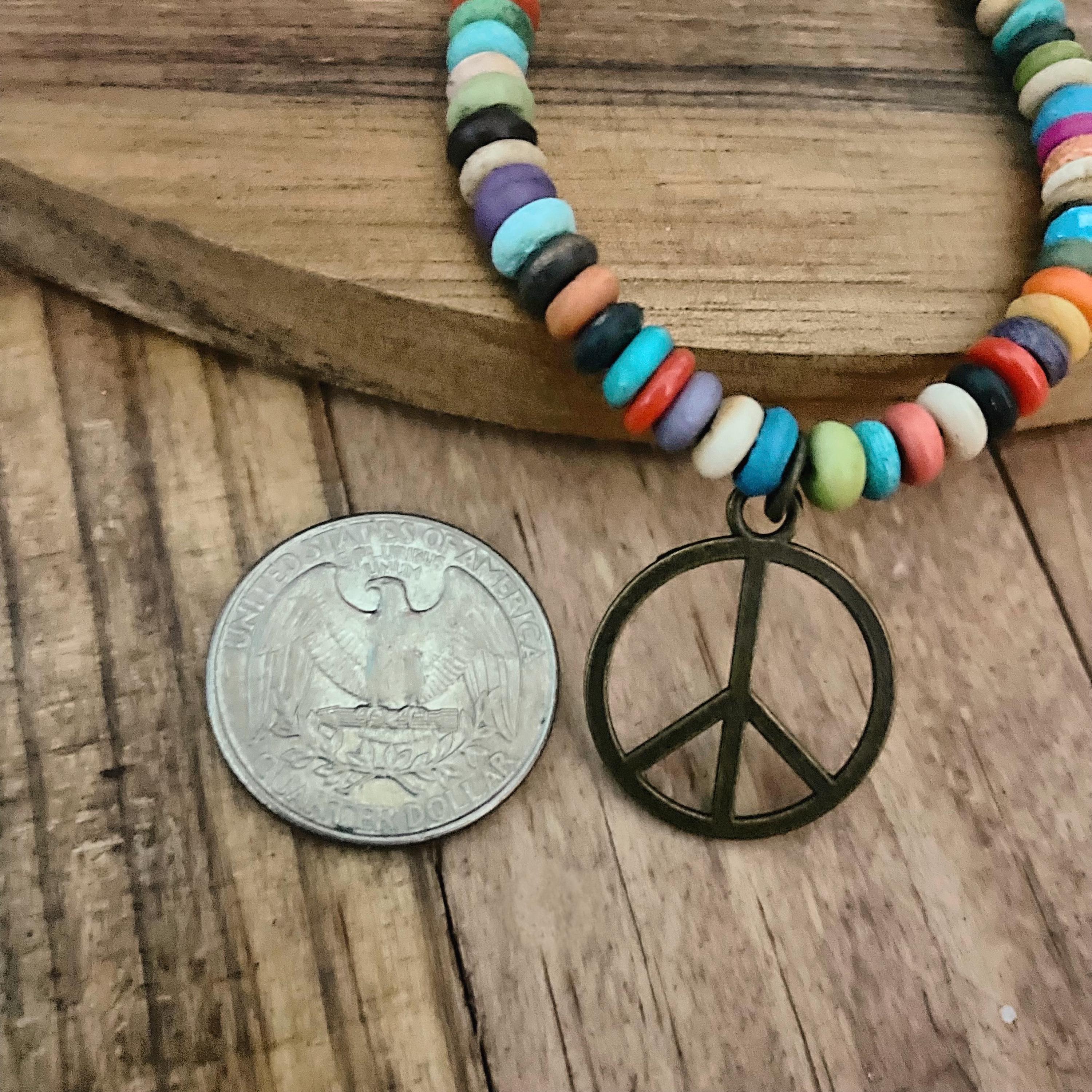 Bone Beaded Peace Sign Necklace: Bronze Pendant, Boho Hippie Jewelry - Etsy