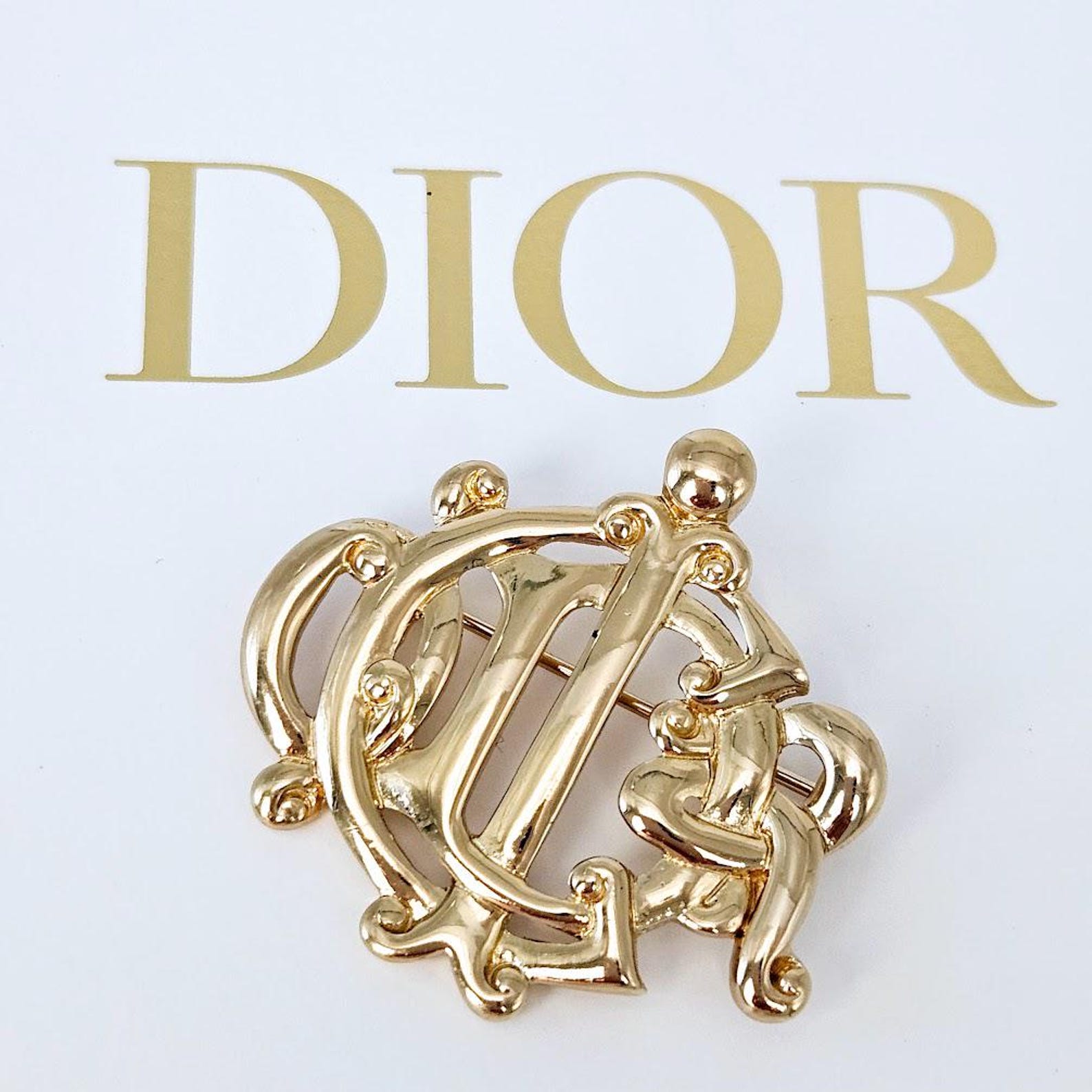 Authentic Christian Dior Gold Insignia Crest Logo Monogram Brooch Pin ...