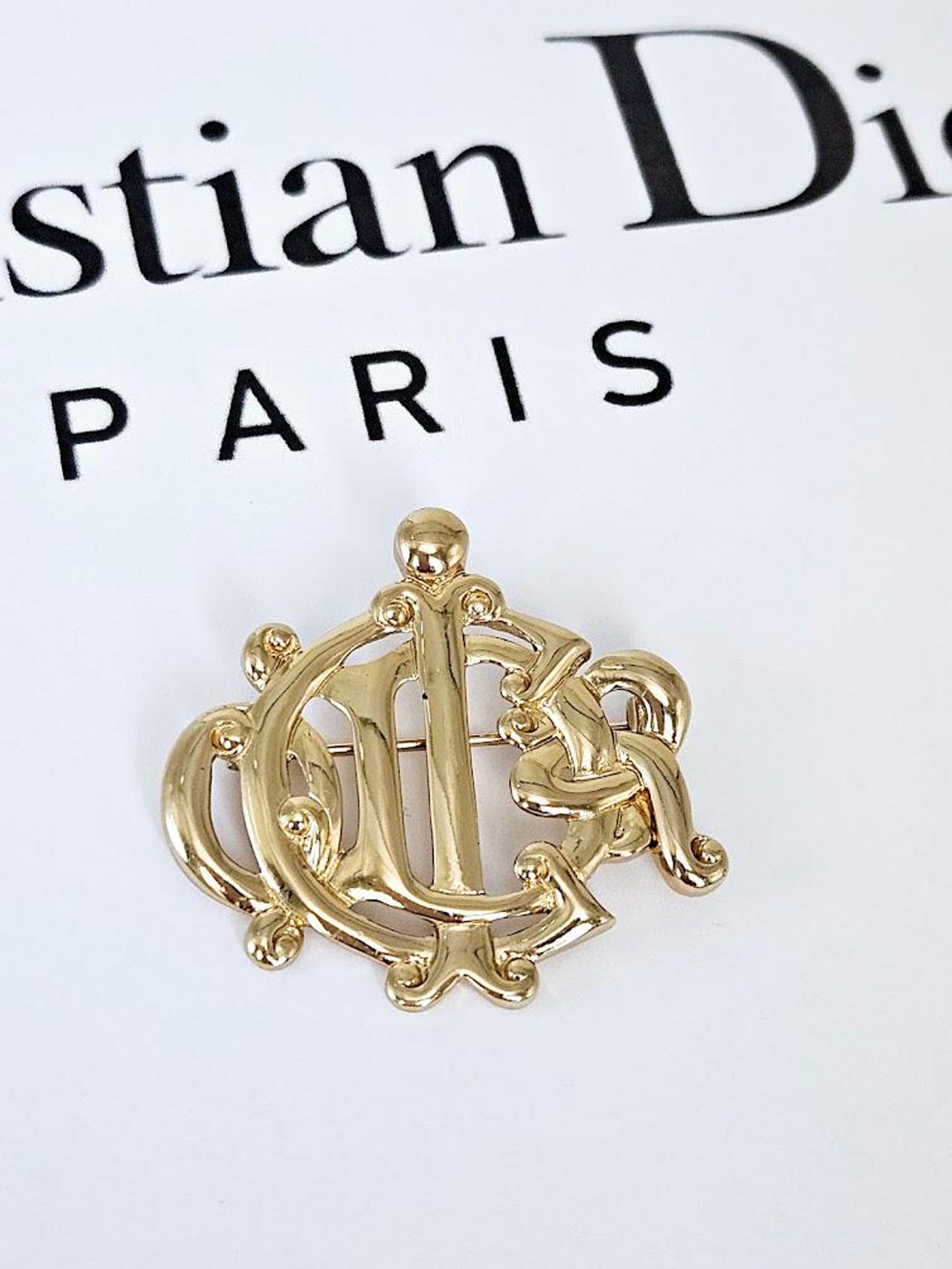 Authentic Christian Dior Gold Insignia Crest Logo Monogram Brooch Pin ...