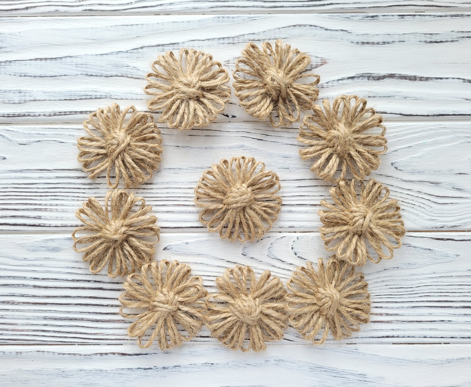 Jute Flowers, Burlap Twine Flowers, Rustic Flower Appliques, Craft ...