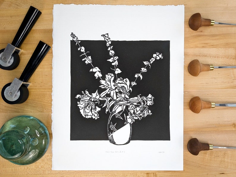 Crane Vase Still Life 1 Black and White Design Linoleum Block - Etsy